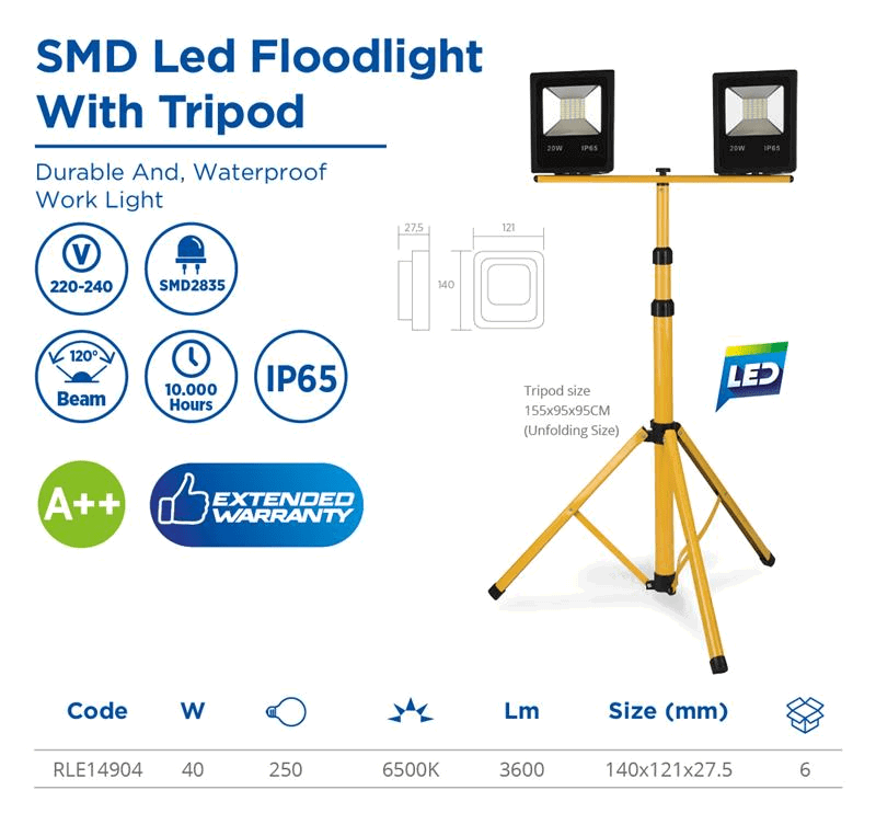 LED TWIN FLOODLIGHT WITH TRIPOD - 2 X 20W - 240V • Discount Trade ...